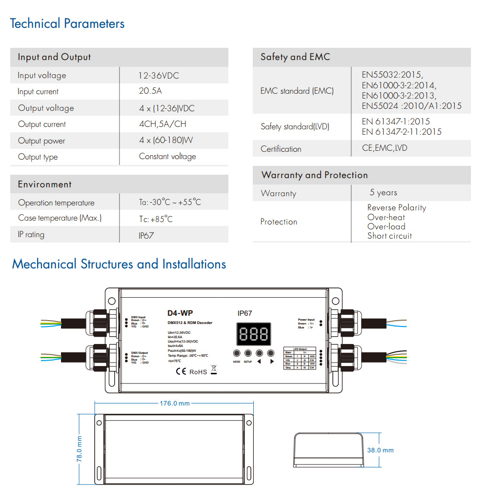 4 Channel Waterproof DMX512 & RDM Decoder 12V 24V 36V D4-WP | mjjcled.com